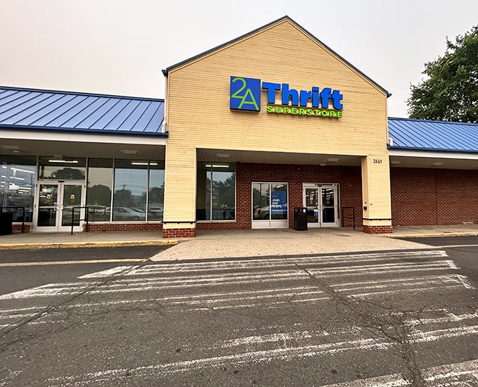 The blue-roofed treasure chest of bargains beckons! This spacious storefront promises adventures in thrifting that could fill an entire afternoon.