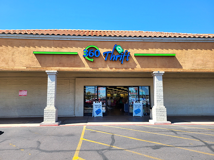 The bright blue 360 Thrift sign promises treasure hunting adventures where your dollars stretch like Arizona summer days.