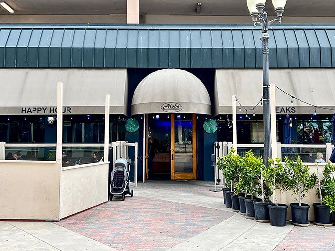 The unassuming entrance to Aloha Steakhouse hides a beachside steak paradise. Like finding a diamond in your beach sandal!