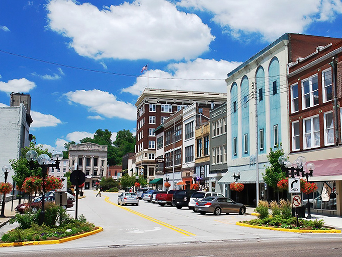 Downtown Alton's historic charm on full display. Those brick buildings have stories to tell, and the hanging flower baskets add a perfect splash of color.