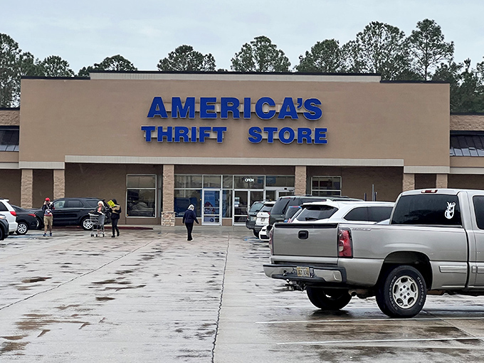 The blue sign of America's Thrift Store beckons like a beacon of bargain hope. Treasure hunting begins in this unassuming strip mall paradise!