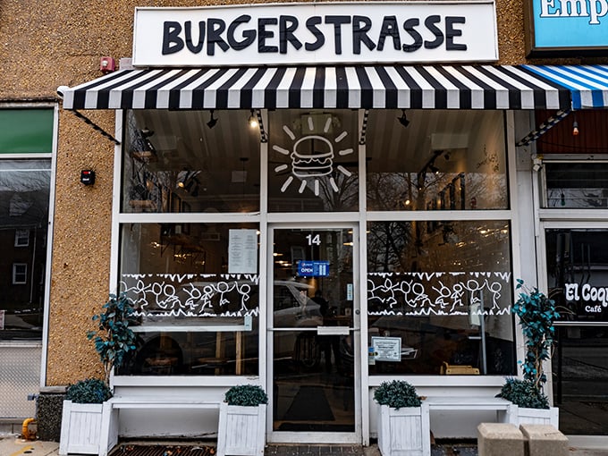 BURGERSTRASSE's black and white striped awning beckons like a burger lighthouse on Clifton's Market Street.