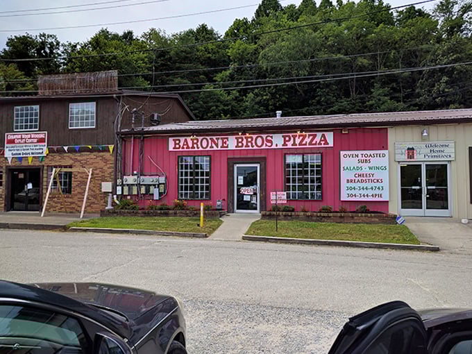 The bright red exterior of Barone Bros. Pizza promises simple pleasures inside &ndash; like finding a hidden treasure in plain sight.