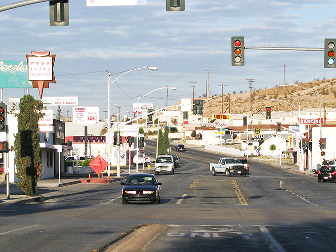 Main Street Barstow: where Route 66 nostalgia meets desert affordability. The classic roadside signs practically whisper "retirement budget-friendly."