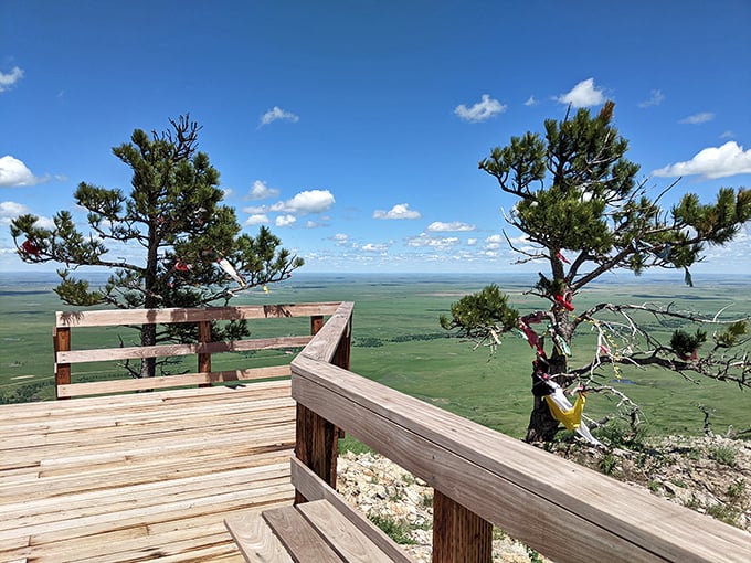 A wooden observation deck perched high above the prairie, where the view stretches so far you might spot tomorrow coming over the horizon.