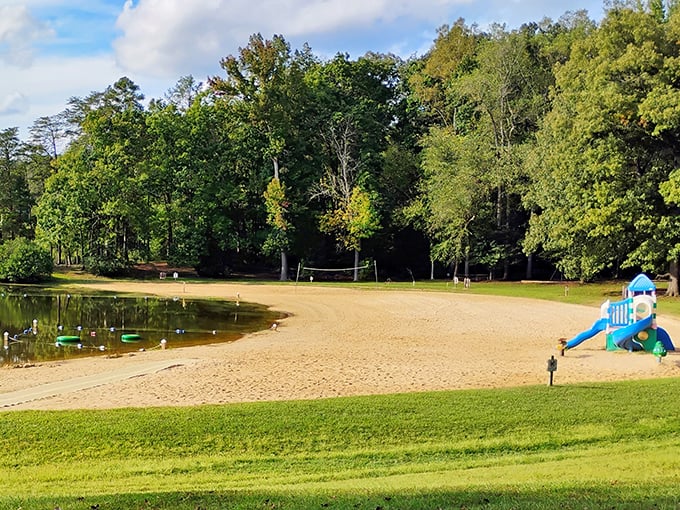 Bear Creek Lake's sandy beach invites you to kick off your shoes and wiggle your toes in nature's sandbox.