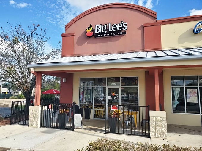 Big Lee's storefront beckons with its flame logo and simple charm. No fancy frills needed when the smoke signals are this enticing!