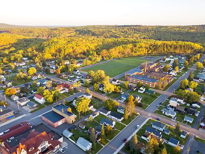 Aerial view of Biwabik in autumn glory &ndash; a patchwork quilt of golden trees surrounding this affordable Iron Range gem.