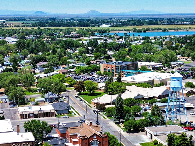 Blackfoot from above &ndash; where small-town charm meets big sky country. The iconic water tower stands sentinel over tree-lined streets and affordable living.