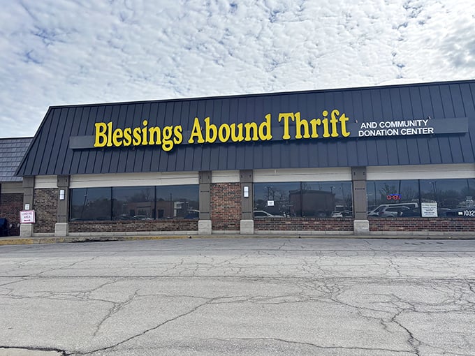 The bright yellow sign of Blessings Abound beckons like a lighthouse for bargain hunters. Treasure awaits inside this unassuming strip mall location.