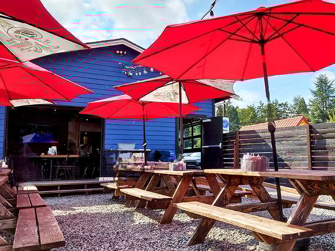 Bright blue building, fiery red umbrellas &ndash; Brileys BBQ creates the perfect backyard barbecue vibe without having to clean your own grill!