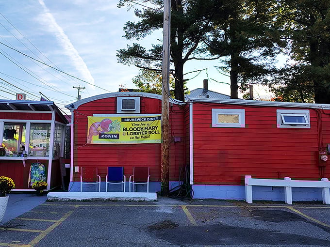 The Brunswick Diner's cherry-red exterior isn't just a building&mdash;it's a beacon of breakfast hope along Pleasant Street.