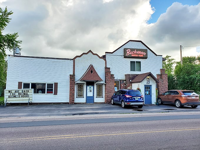 The Buck-A-Neer's charming facade is like finding a time capsule of Wisconsin supper club tradition. That sign promises beef and happiness inside!