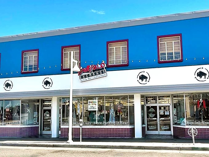 Buffalo Exchange's eye-catching blue and white facade stands out like a fashion oasis on Central Avenue. Vintage treasures await inside this Albuquerque institution.