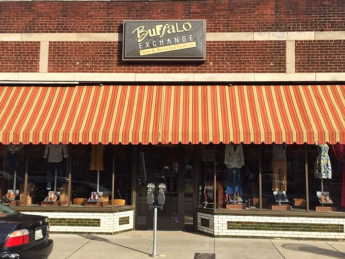 The iconic storefront of Buffalo Exchange, with its vintage-inspired awning promising fashion treasures within.