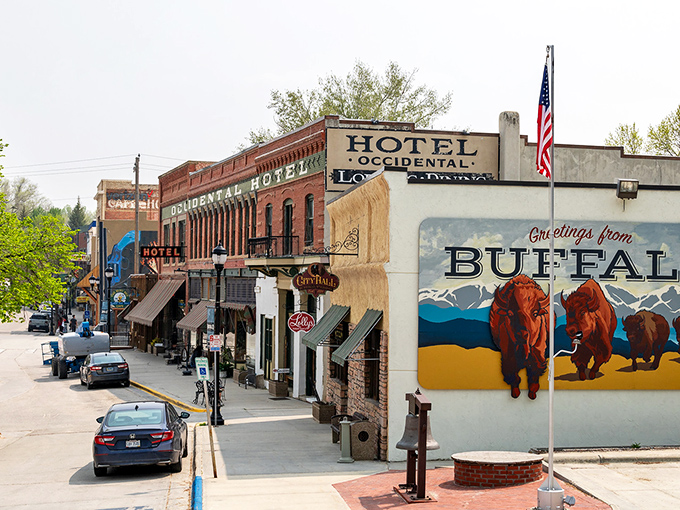 Buffalo's Main Street stretches wide like the Old West intended, complete with historic charm and mountain views.