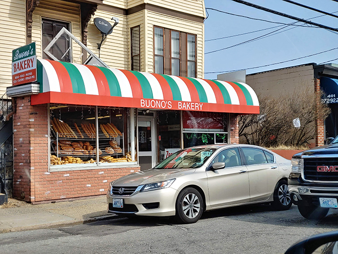 Buono's iconic red, white, and green striped awning - the universal symbol for "amazing Italian carbs await inside!"
