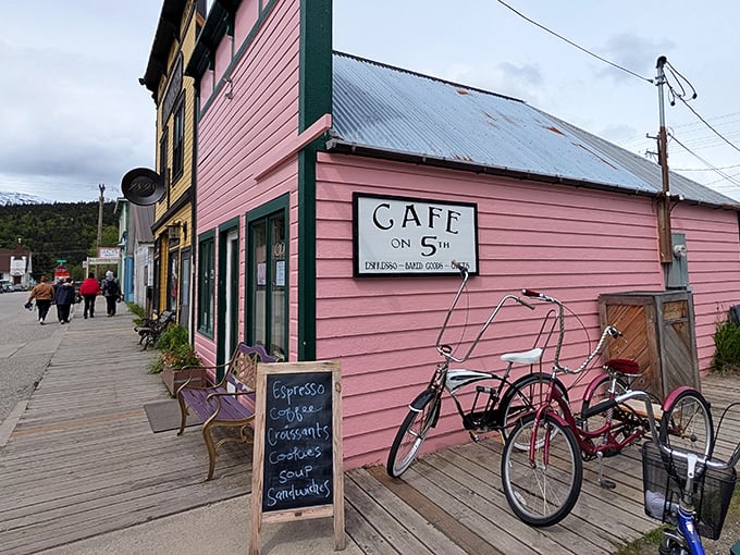 That pink facade isn't just eye-catching&mdash;it's practically shouting "Come in for coffee!" across Skagway's historic boardwalk.