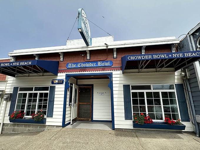 The Chowder Bowl's charming blue and white exterior promises seafood treasures within. Like finding Neptune's kitchen on the Oregon coast!