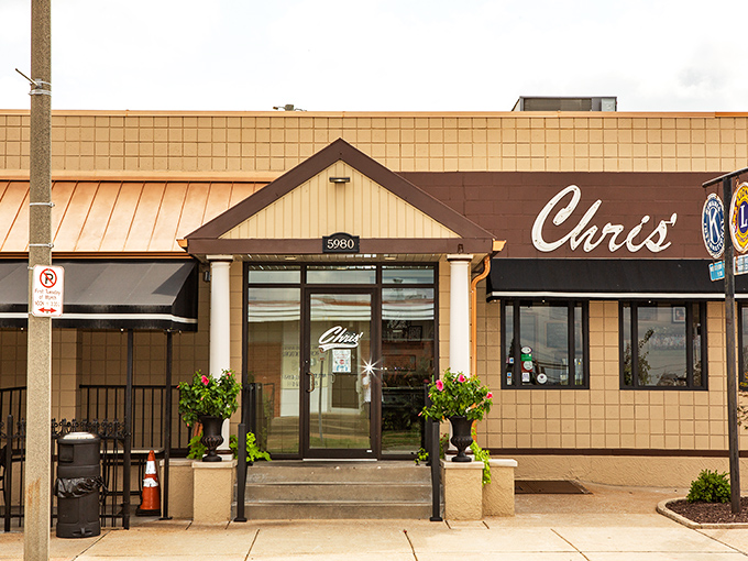 The welcoming entrance to Chris' Pancake & Dining beckons with its homey charm. Like finding a breakfast oasis in the city.