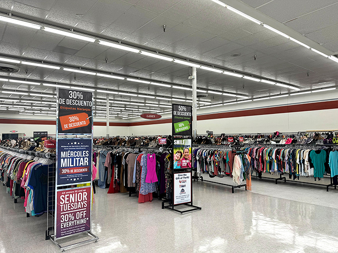 Rows upon rows of colorful clothing await! City Thrift's organized racks make treasure hunting feel less like archaeology and more like shopping.