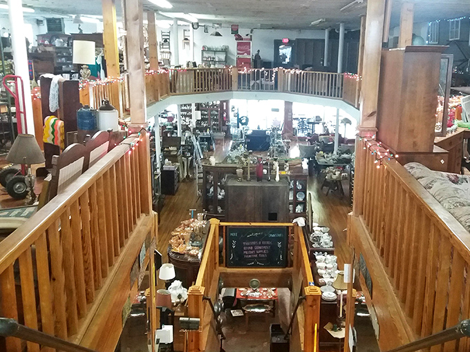 Two-story treasure hunting at its finest - those wooden railings frame endless possibilities below.