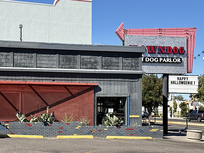 The bright red "CLOWNDOG" sign promises fun before you even walk through the door. This isn't your average hot dog joint!
