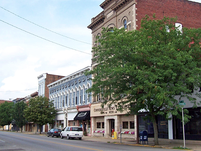 Historic brick buildings line Connersville's charming main street, where time seems to slow down just enough to enjoy life.