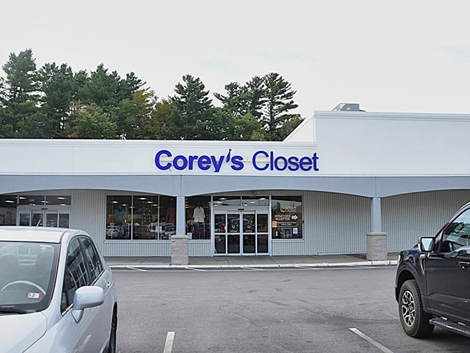 The blue sign of Corey's Closet beckons like a beacon of bargain bliss against the New Hampshire sky.
