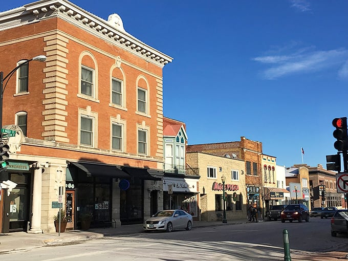 Classic brick storefronts line Decorah's downtown, where Norwegian heritage meets Iowa hospitality in perfect harmony.