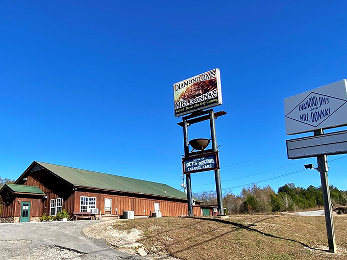 Diamond Jim's rustic wooden charm beckons from the roadside. That sign promising steaks and caramel cake isn't kidding around!