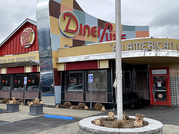 DinerLuxe's colorful checkerboard exterior isn't just eye-catching&mdash;it's practically shouting "Come in, the pancakes are waiting!"