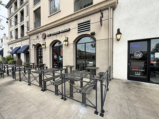 The sleek storefront of Dog Haus in Carson promises gourmet hot dog adventures behind those welcoming doors.