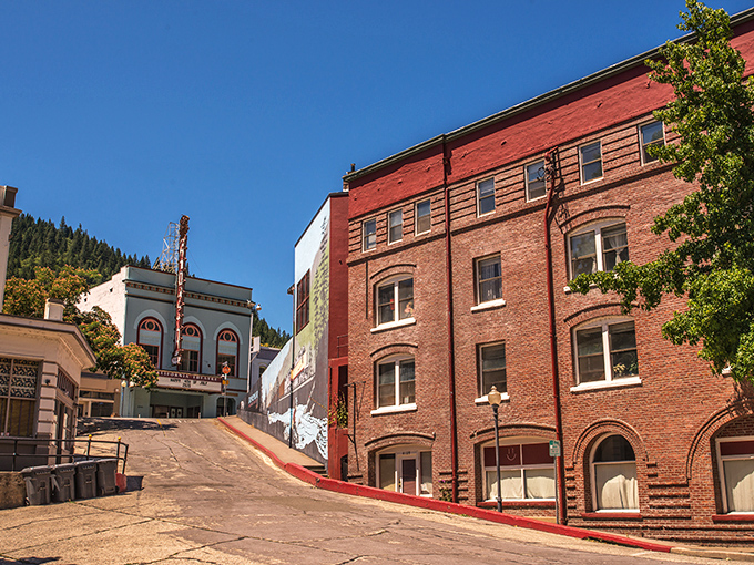 Historic brick buildings climb the hillside in Dunsmuir, where time seems to move at the pace of the nearby Sacramento River.