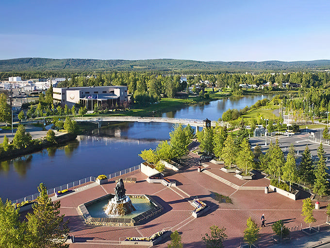 Chena River dreams! Where Fairbanks locals stroll brick plazas under endless summer skies, proving retirement doesn't mean the adventure stops flowing.