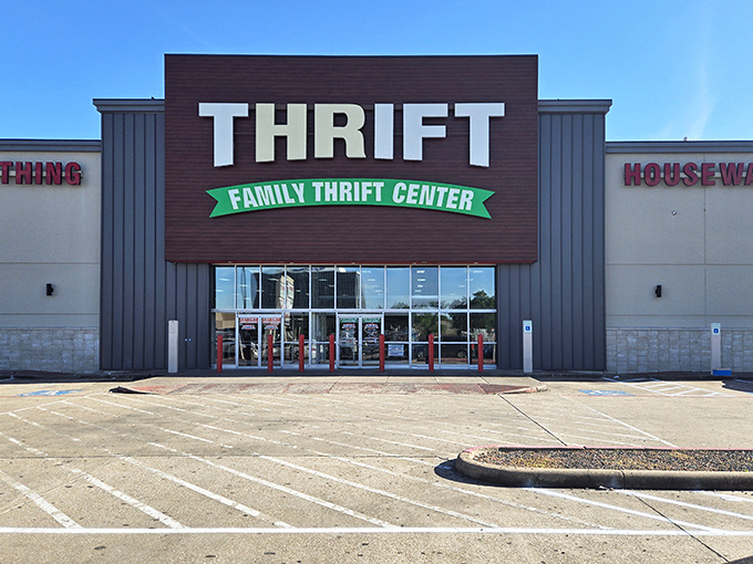 The Family Thrift Center's imposing storefront promises a Texas-sized treasure hunt within those sliding doors.