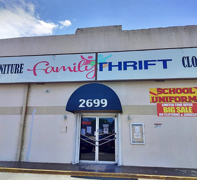 Family Thrift Store's welcoming entrance promises treasure hunting adventures behind those glass doors. School uniform sales are just the beginning!