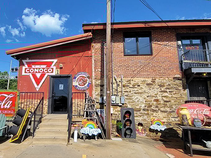 The old Conoco station lives on! This brick beauty now houses treasures instead of gas pumps.