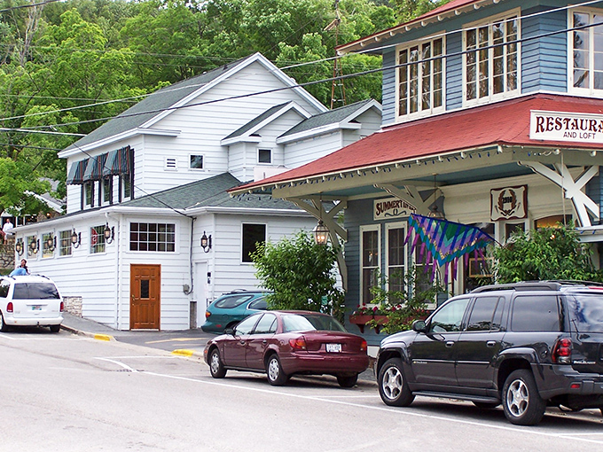 White clapboard buildings and colorful storefronts line Fish Creek's main street, where time seems to move at the pace of a leisurely afternoon stroll.