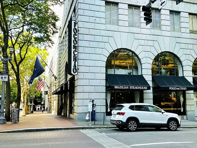 The elegant stone facade of Fogo de Ch&atilde;o brings a touch of Brazil to downtown Portland. Meat lovers, prepare for sword-wielding servers and endless carnivorous delights!