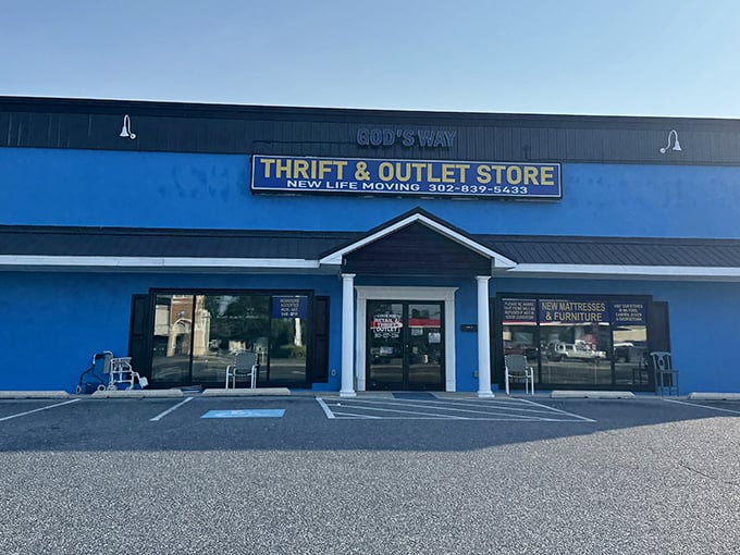 The bright blue exterior of God's Way Thrift Store stands out like a bargain-hunter's beacon on Coastal Highway.