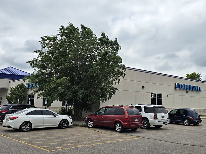 A spacious parking lot welcomes bargain hunters to this thrift paradise where treasures await behind that unassuming facade.