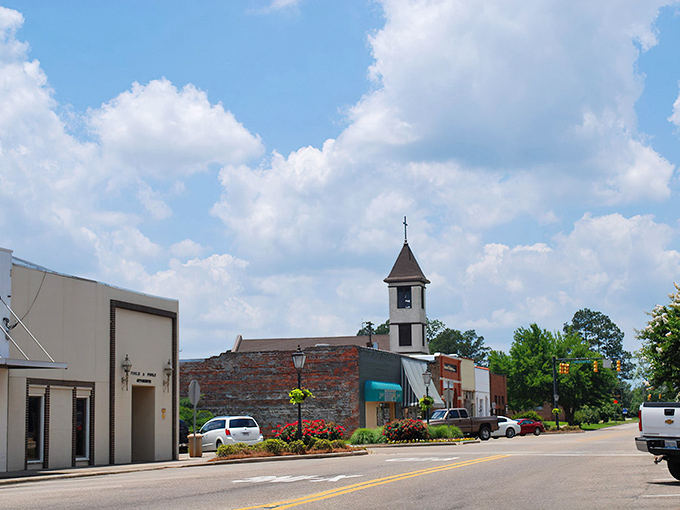 Downtown Greenville's charming main street features a distinctive church steeple, where time seems to slow down just for retirees.