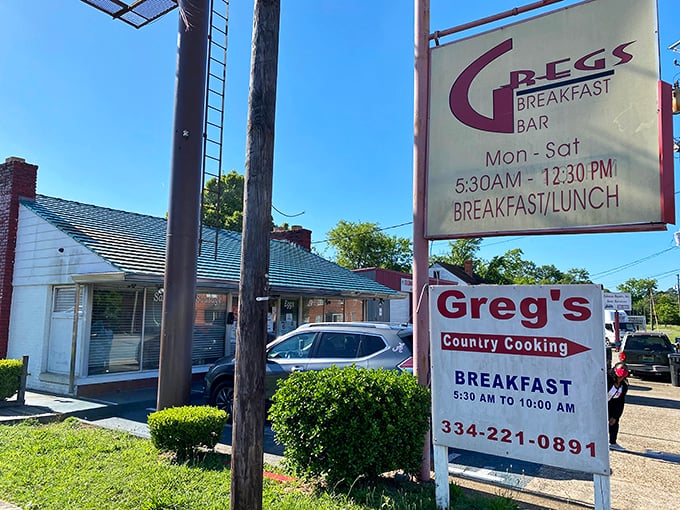 Greg's Breakfast Bar: A humble roadside treasure where breakfast dreams come true. That blue-roofed building holds more flavor than fancy restaurants ten times its size.