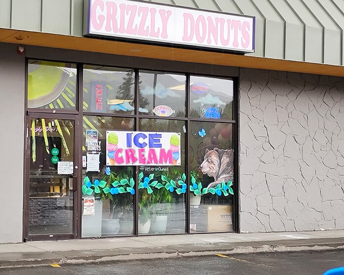 The pink sign says it all &ndash; Grizzly Donuts brings bear-sized flavor to Eagle River with a side of ice cream magic.