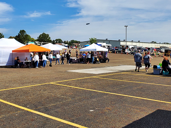 Treasure hunters paradise! Rows of colorful tents stretch across the Hartville MarketPlace parking lot, each one hiding potential discoveries under the bright Ohio sky.