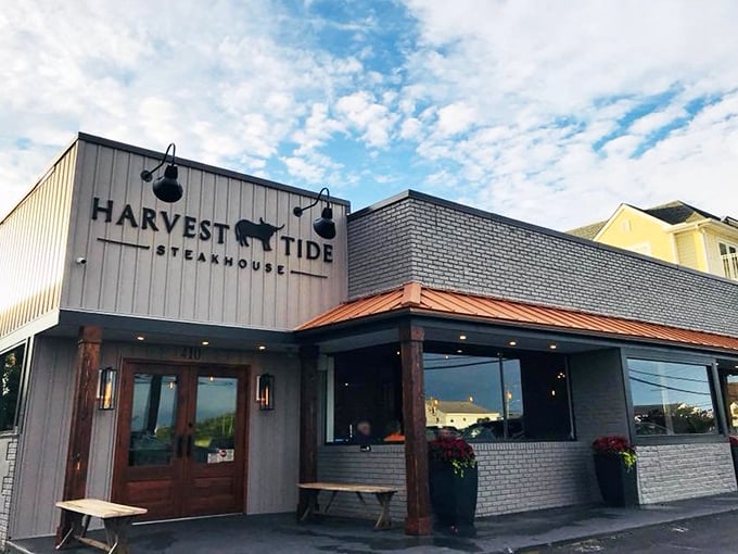 The unassuming exterior of Harvest Tide Steakhouse proves once again that the best culinary treasures often hide in plain sight.