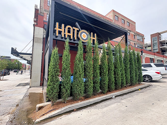 The urban oasis of Hatch beckons with its bright yellow sign and row of cypress trees&mdash;breakfast paradise found!