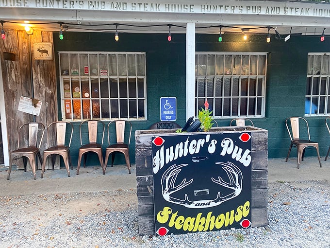 Hunter's Pub exterior - where rustic charm meets serious steak. That weathered sign promises more flavor than flash!