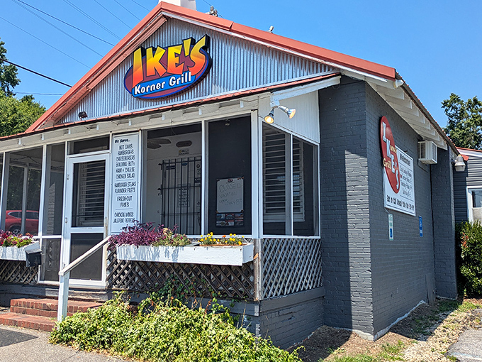 Ike's Korner Grille's charming blue exterior with colorful sign and flower boxes welcomes burger lovers to this Spartanburg gem.